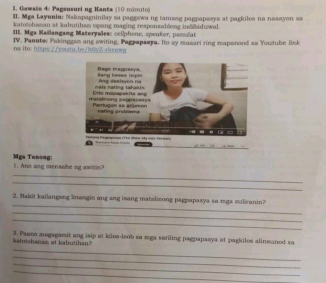 1 Gawain 4 Pagsusuri Ng Kanta 10 Minuto