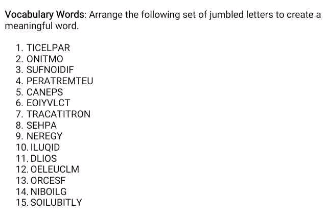 Vocabulary Words Arrange the following set | StudyX