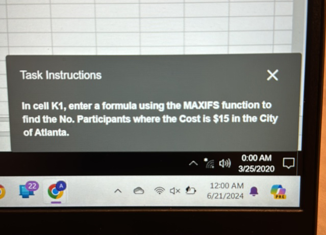 Task Instructions In cell K1 enter a | StudyX