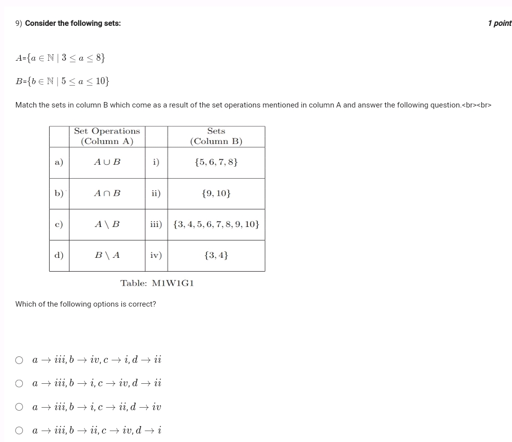 9) Consider the following sets 1 point l | StudyX