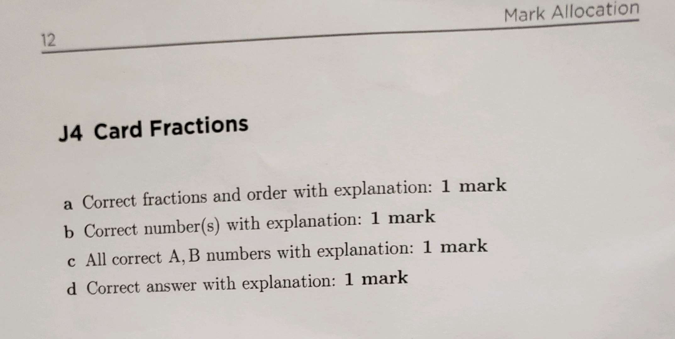Mark Allocation 12 J4 Card Fractions a | StudyX