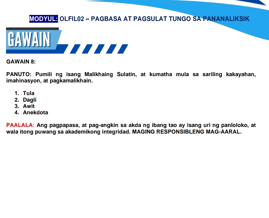 MODYUL OLFIL02 - PAGBASA AT PAGSULAT TUNGO | StudyX