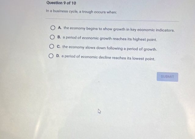Question 9 of 10 In a business cycle a | StudyX