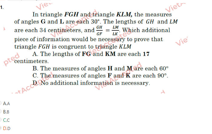 In triangle FGH and triangle KLM, the | StudyX