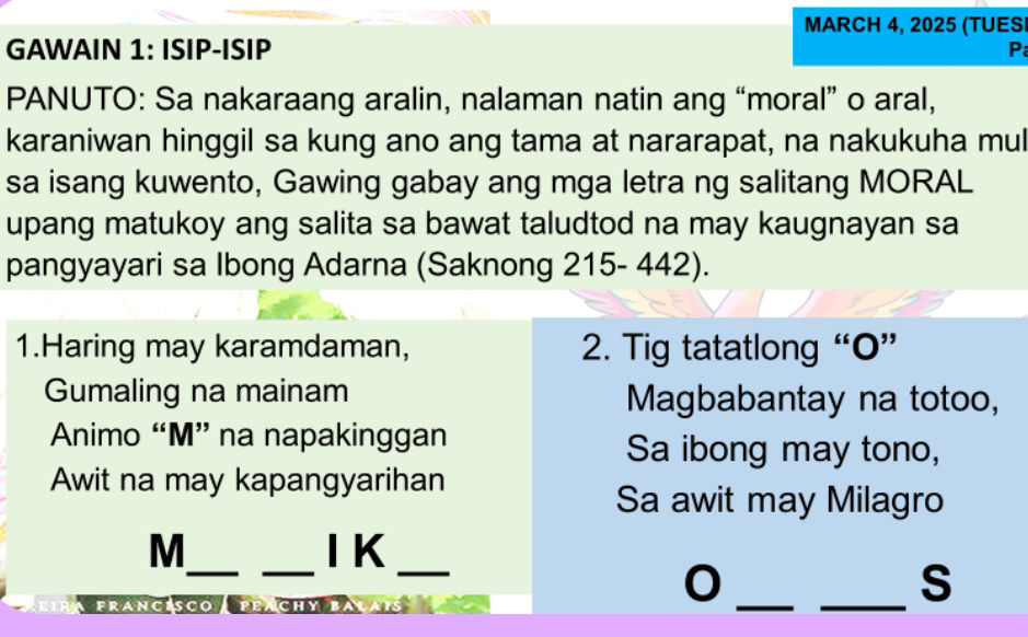 GAWAIN 1: ISIP-ISIP PANUTO: Sa nakaraang | StudyX