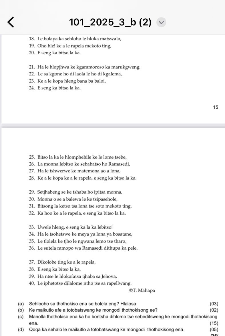 37. Dikolobe ting ke a le rapela, 38. E seng | StudyX