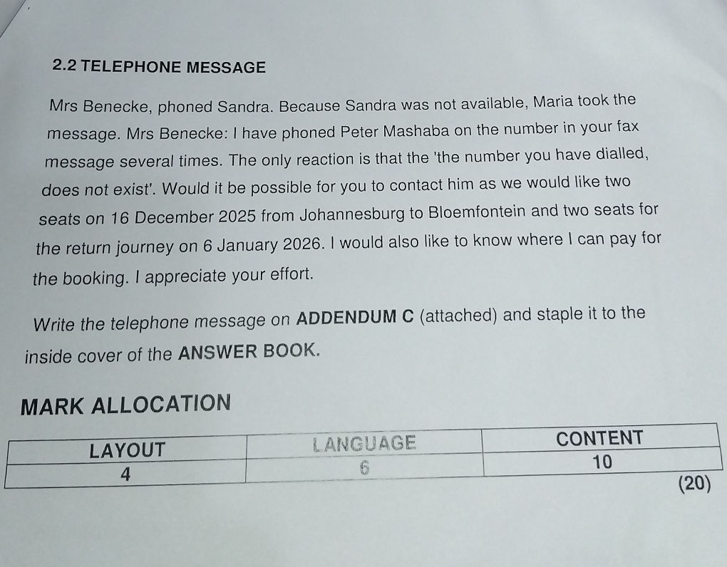 Write the telephone message on ADDENDUM C | StudyX