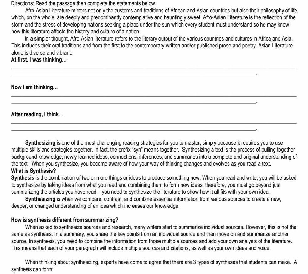 Directions: Read the passage then complete | StudyX