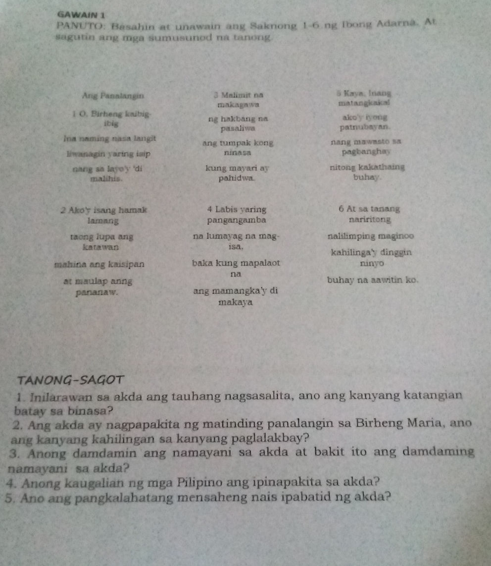 GAWAIN 1 PANUTO: Basahin at unawain ang | StudyX