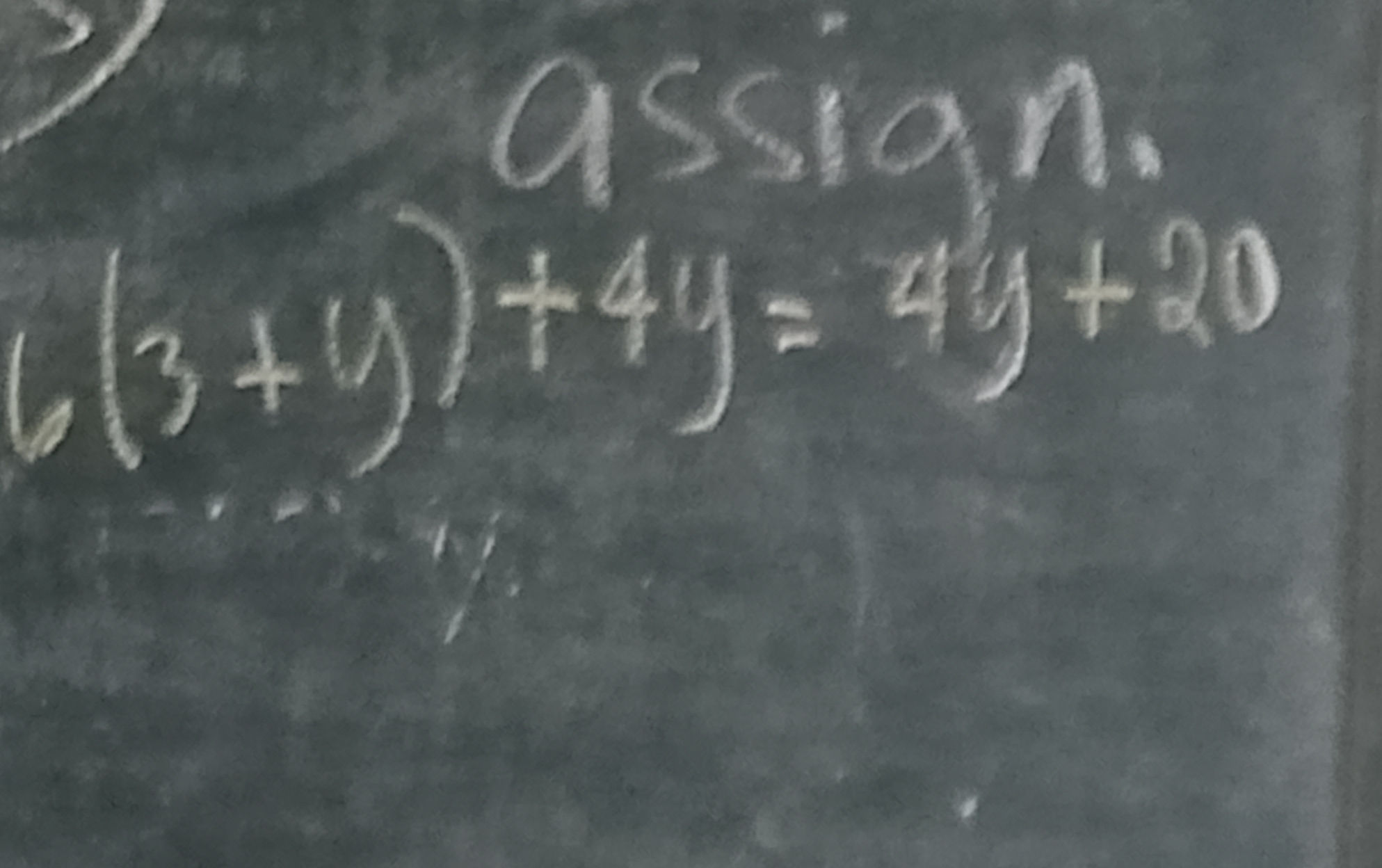 Solve the equation: 6(3+y) + 4y = 4y + 20 | StudyX