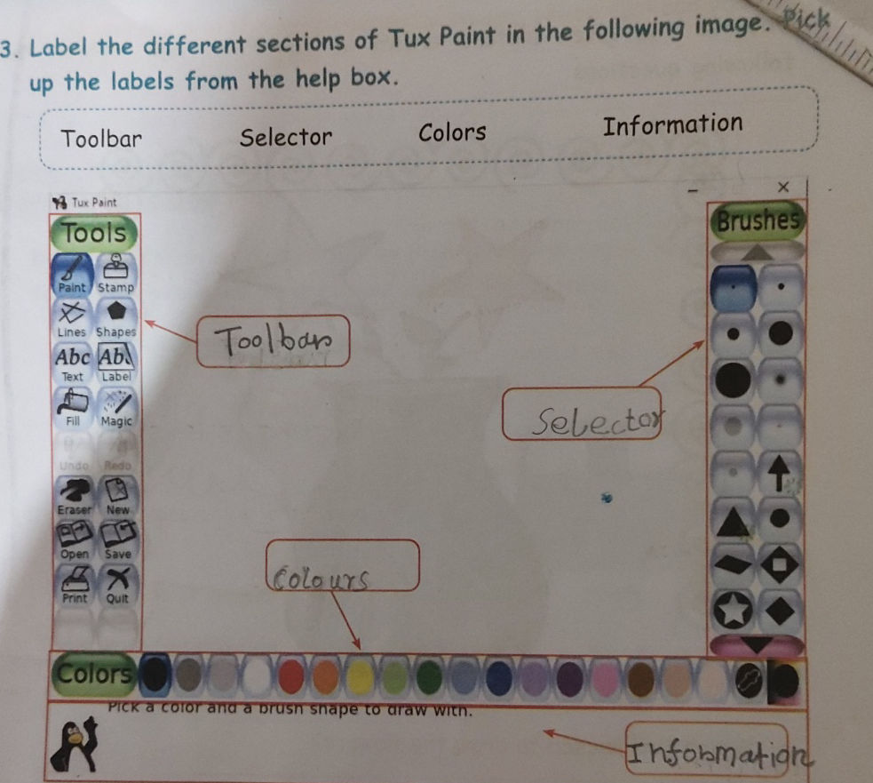 Label the different sections of Tux Paint in