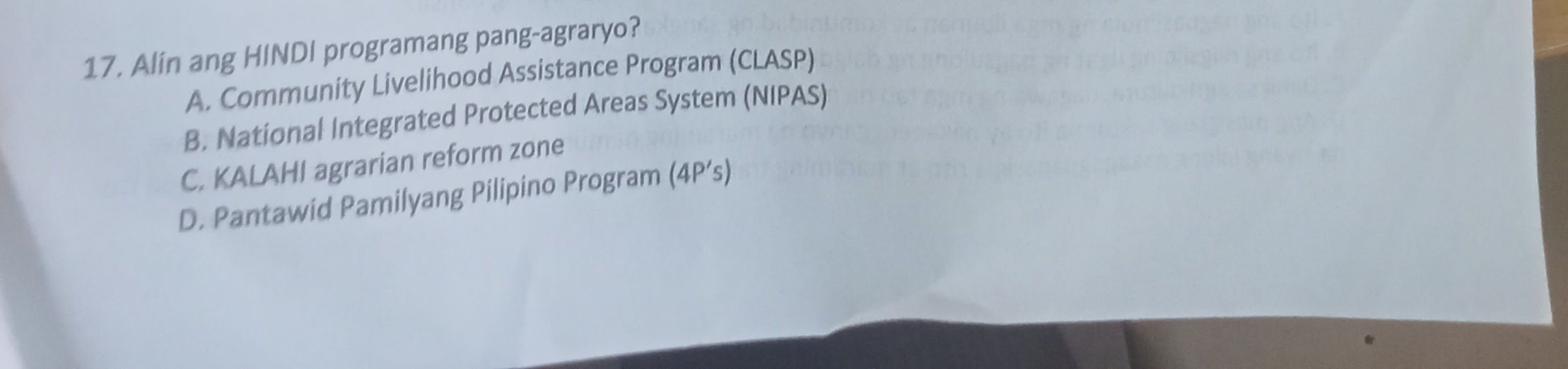 17. Alin ang HINDI programang pang-agraryo? | StudyX