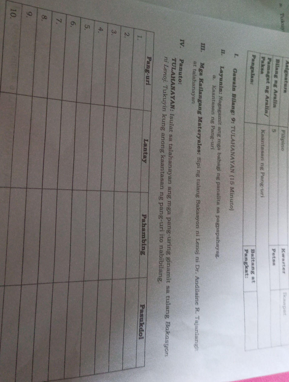 Gawain Bilang: 9: TULAHANAYAN (15 Minuto) | StudyX