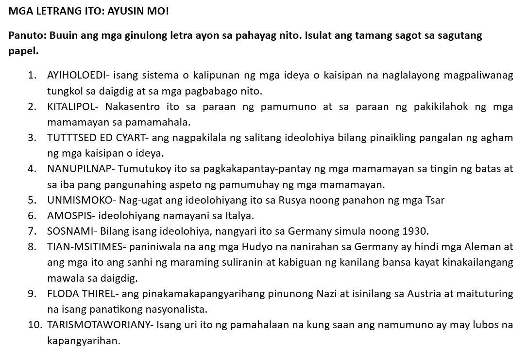 MGA LETRANG ITO: AYUSIN MO! Panuto: Buuin | StudyX