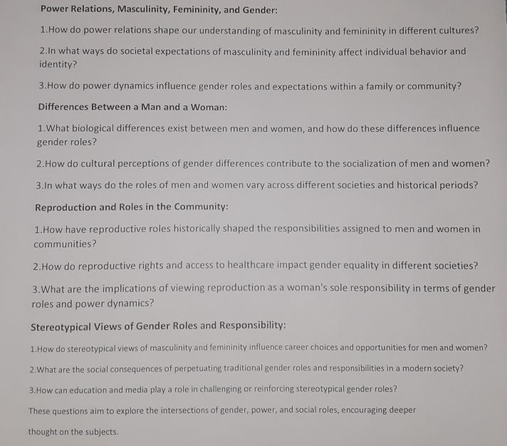 Power Relations, Masculinity, Femininity, | StudyX