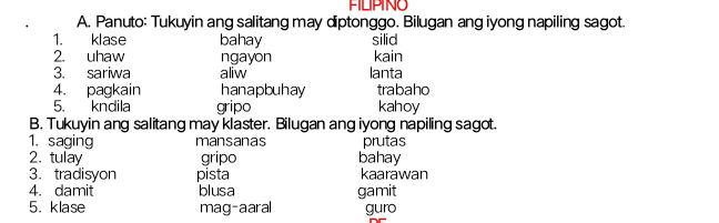 A. Panuto: Tukuyin ang salitang may | StudyX