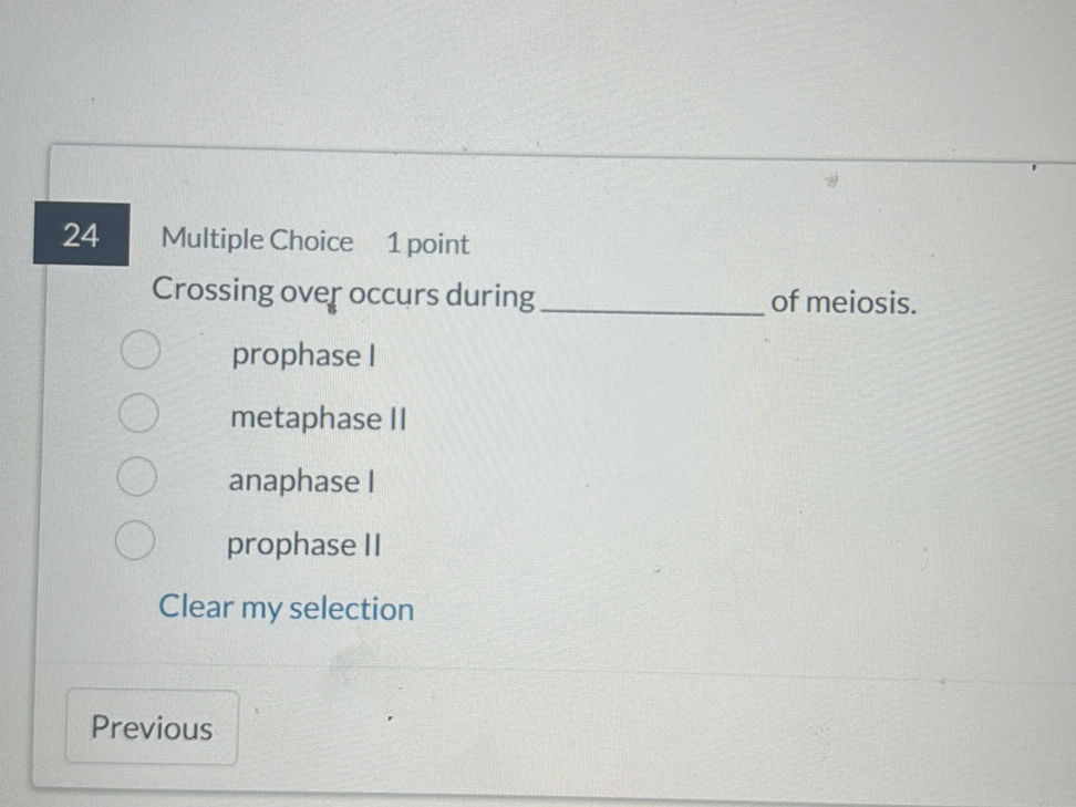 Crossing over occurs during ______ of | StudyX