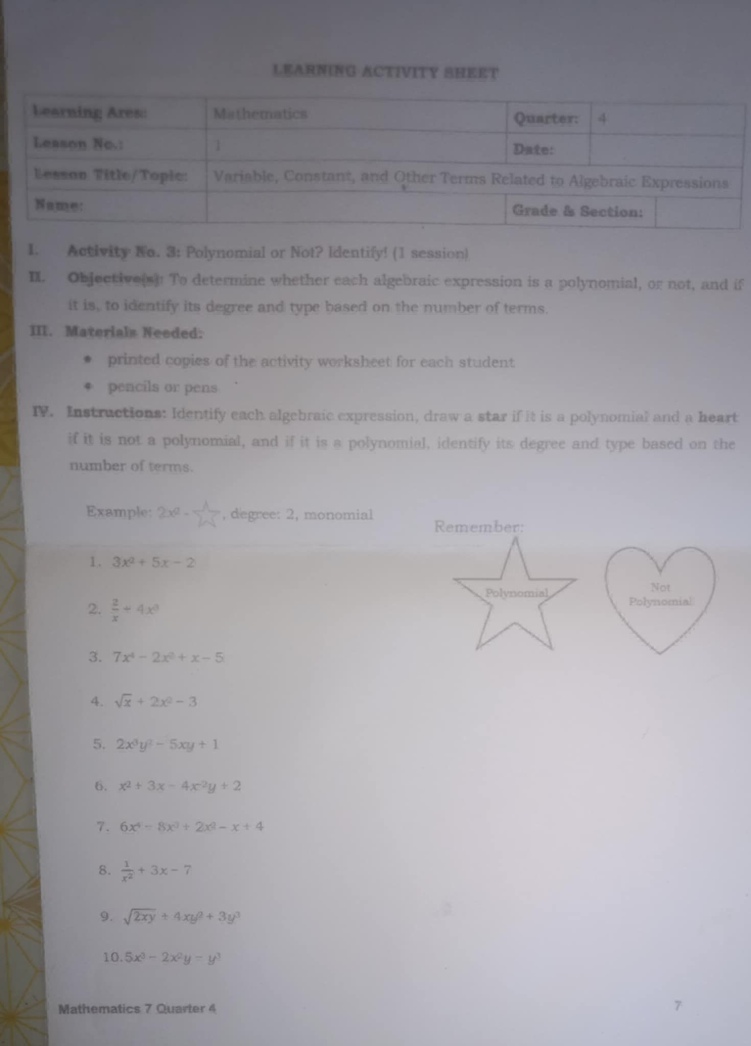 Activity No. 3: Polynomial or Not? Identify! | StudyX