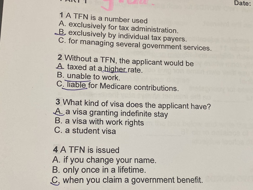 1 A TFN is a number used A. exclusively for
