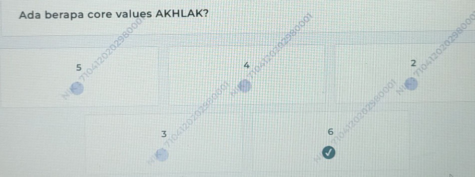 Ada berapa core values AKHLAK? 5 4 2 3 6 | StudyX