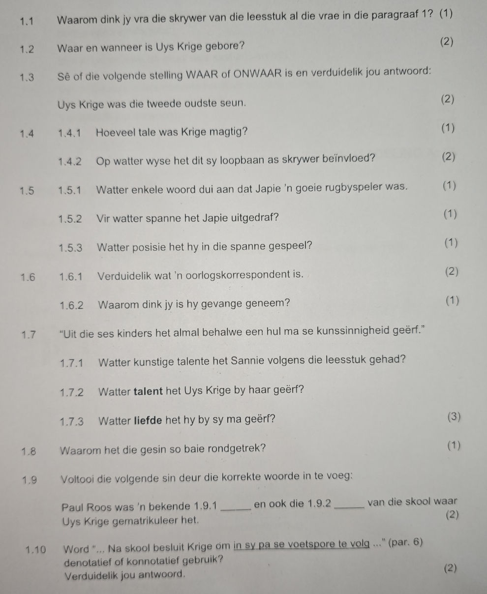 1.1 Waarom dink jy vra die skrywer van die | StudyX