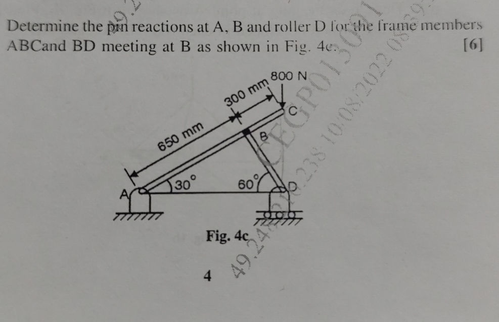 Determine the pin reactions at A, B and