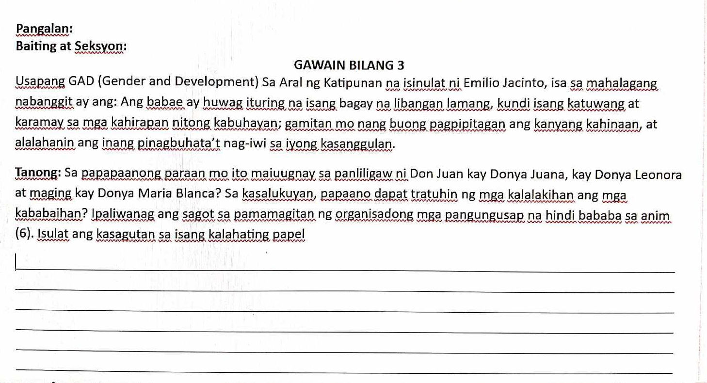 Pangalan: Baiting at Seksyon: GAWAIN BILANG | StudyX