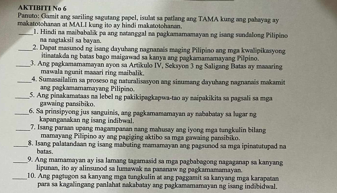AKTIBITI No 6 Panuto: Gamit ang sariling | StudyX