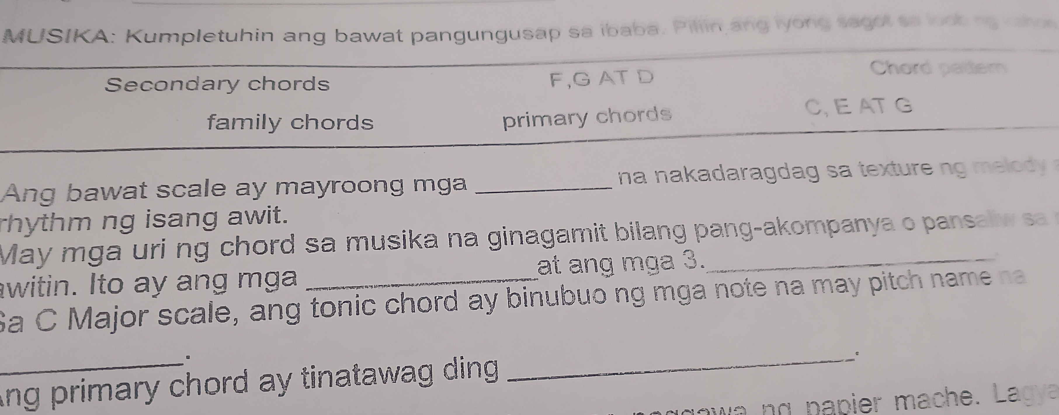 MUSIKA: Kumpletuhin ang bawat pangungusap sa | StudyX