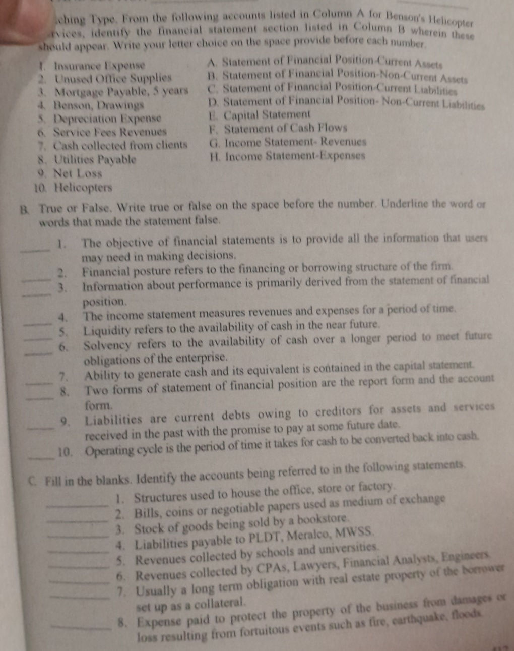 A. Matching Type. From the following | StudyX