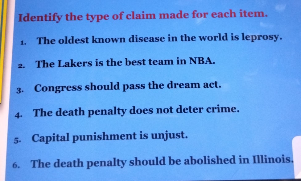 Identify the type of claim made for each | StudyX