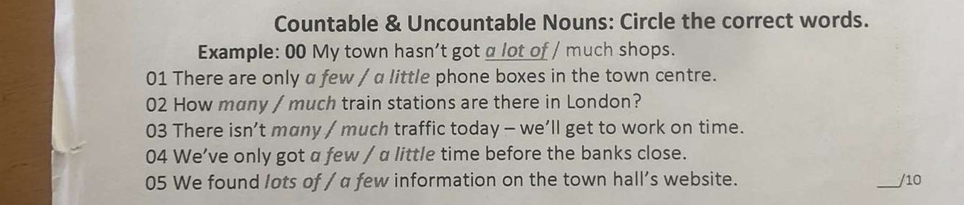 Countable Uncountable Nouns: Circle the | StudyX