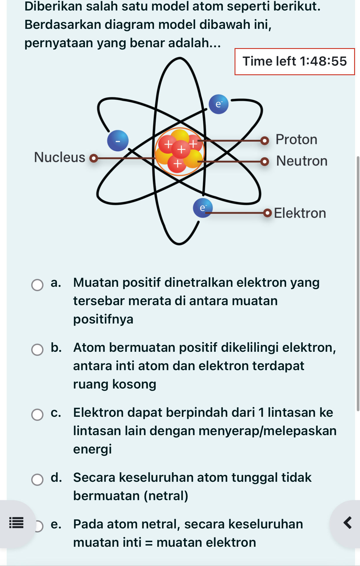 Diberikan salah satu model atom seperti | StudyX