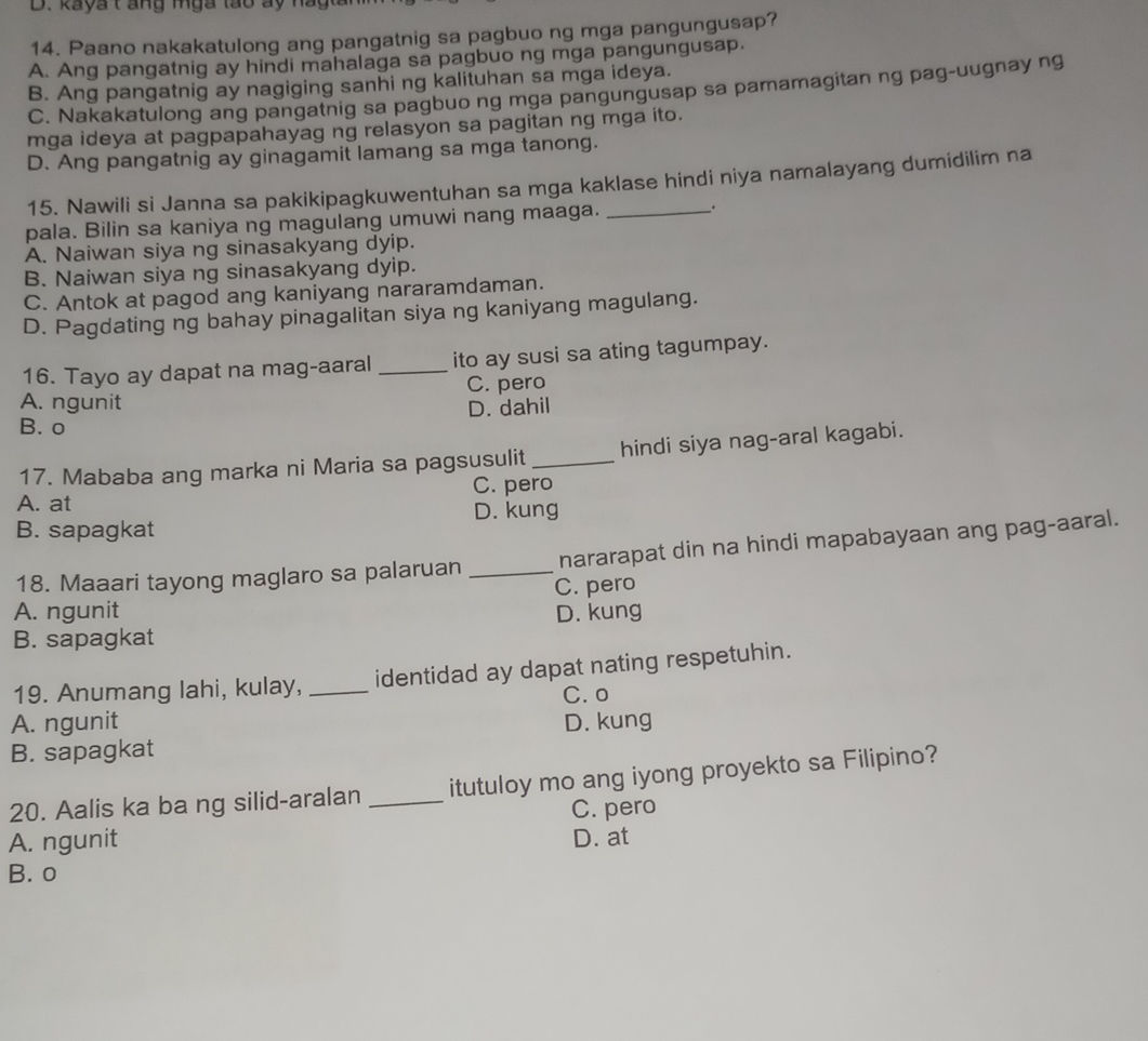 14. Paano nakakatulong ang pangatnig sa | StudyX