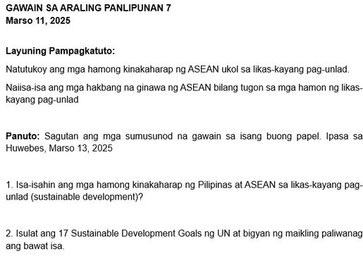 GAWAIN SA ARALING PANLIPUNAN 7 Marso 11, | StudyX