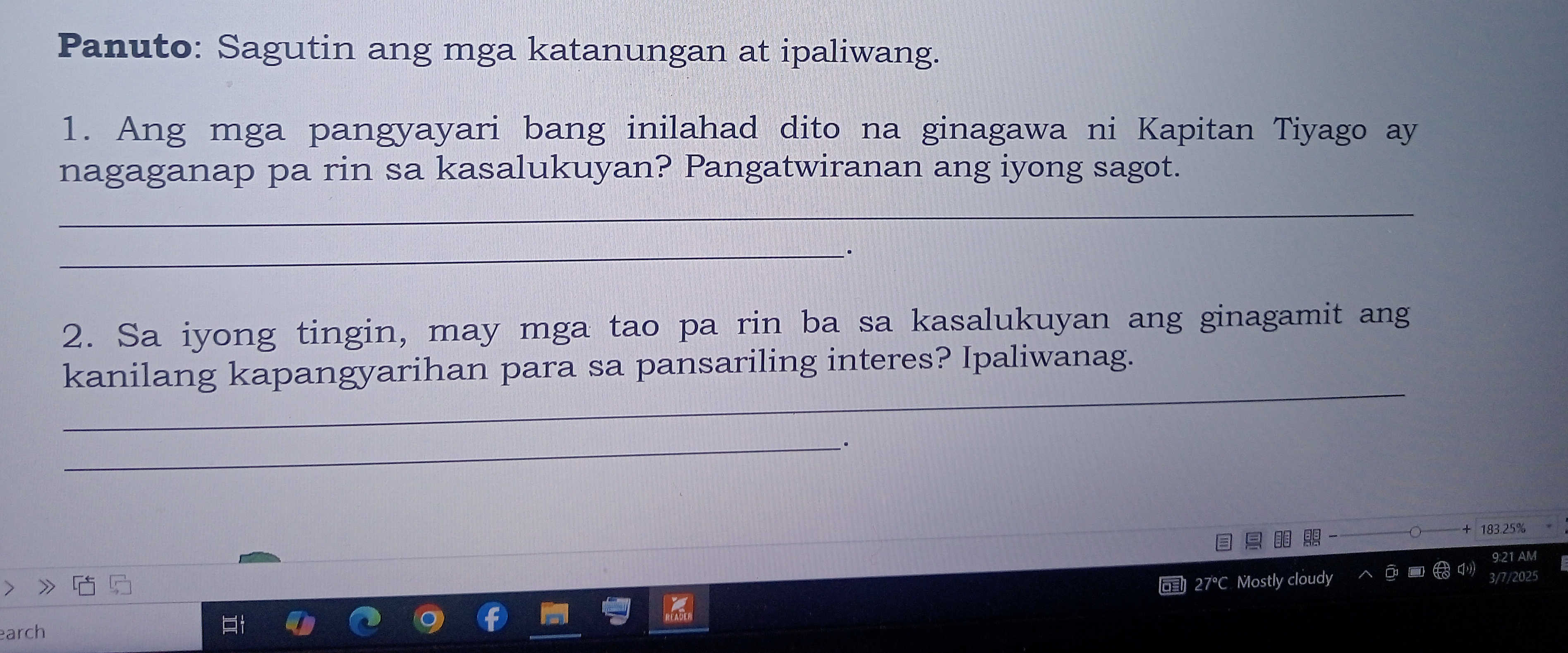 Panuto: Sagutin ang mga katanungan at | StudyX