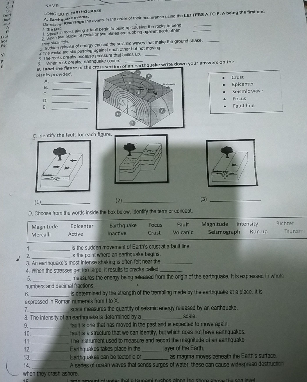 A. Earthquake events. Directions: Rearrange | StudyX