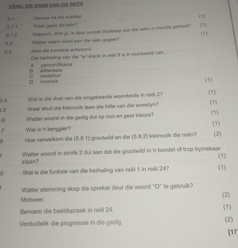VRAE: DIE DANS VAN DIE REËN 5.1 Verwys na