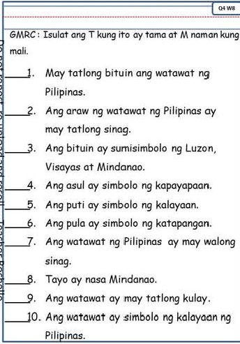 GMRC: Isulat ang T kung ito ay tama at M | StudyX