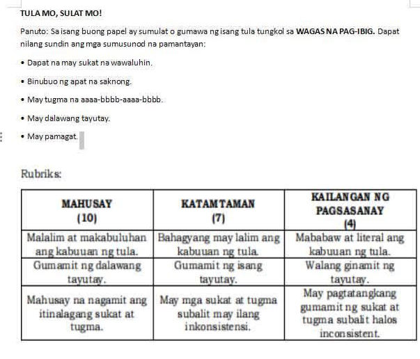 TULA MO, SULAT MO! Panuto: Sa isang buong | StudyX