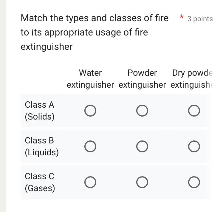 Match the types and classes of fire to its | StudyX
