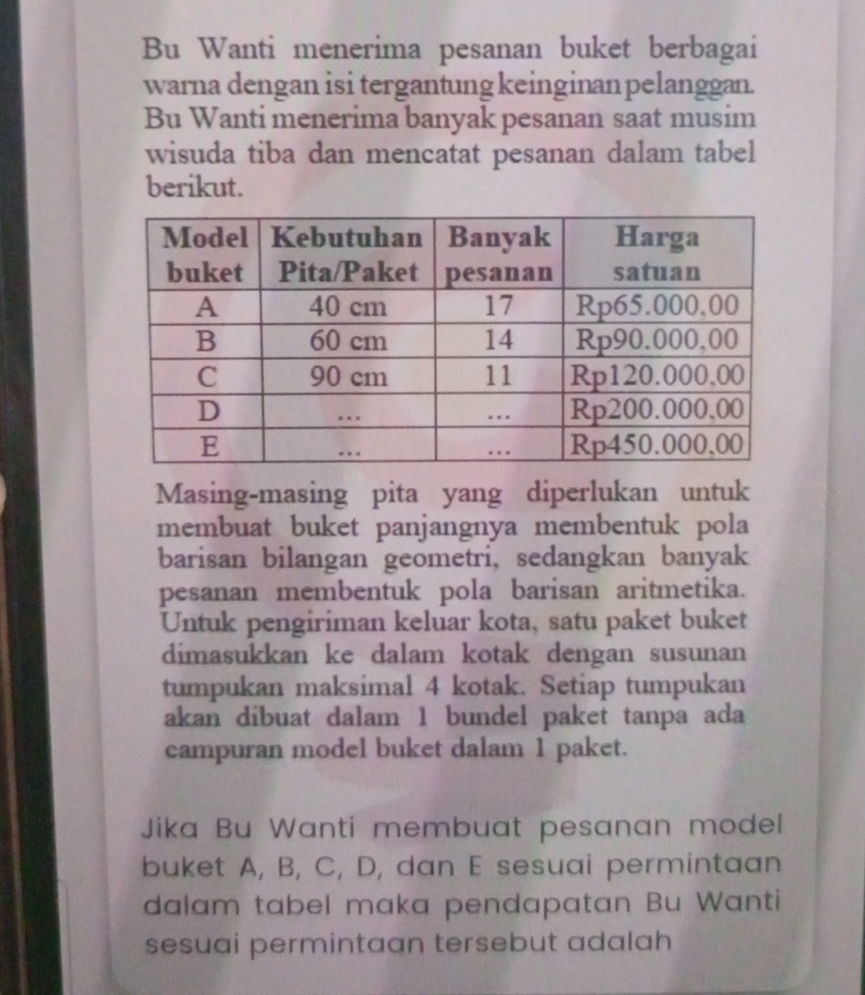 Model buket | Kebutuhan Pita/Paket | Banyak | StudyX