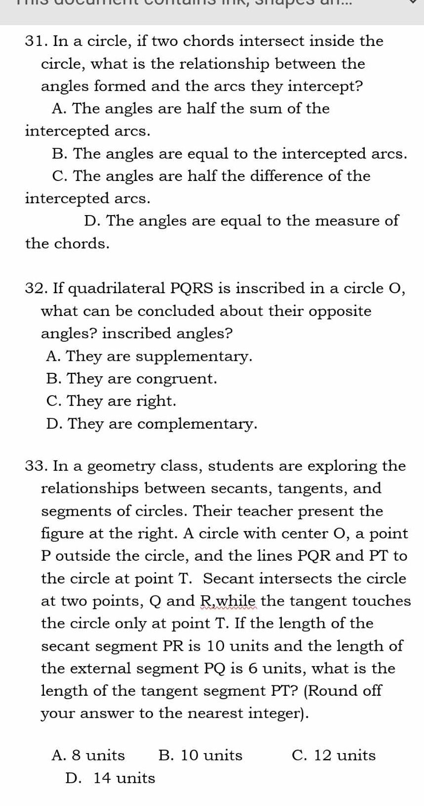 31. In a circle, if two chords intersect | StudyX