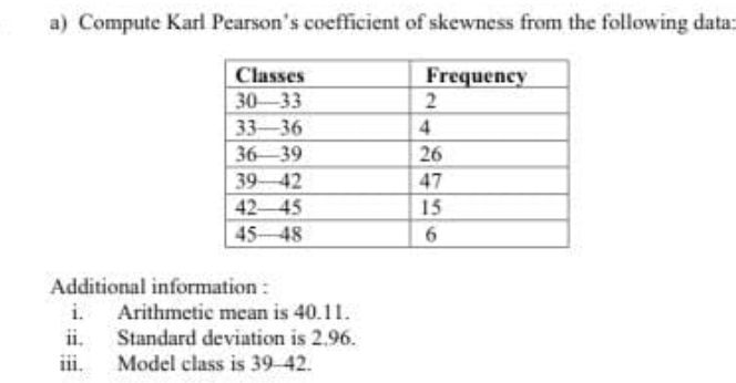a) Compute Karl Pearson's coefficient of | StudyX