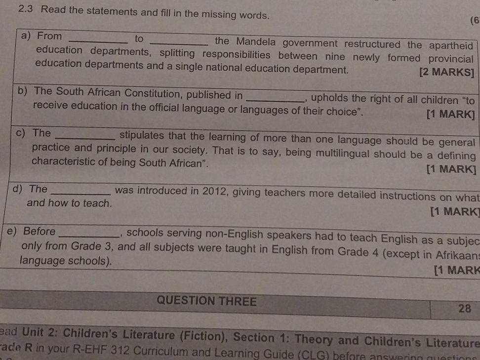2.3 Read the statements and fill in the | StudyX