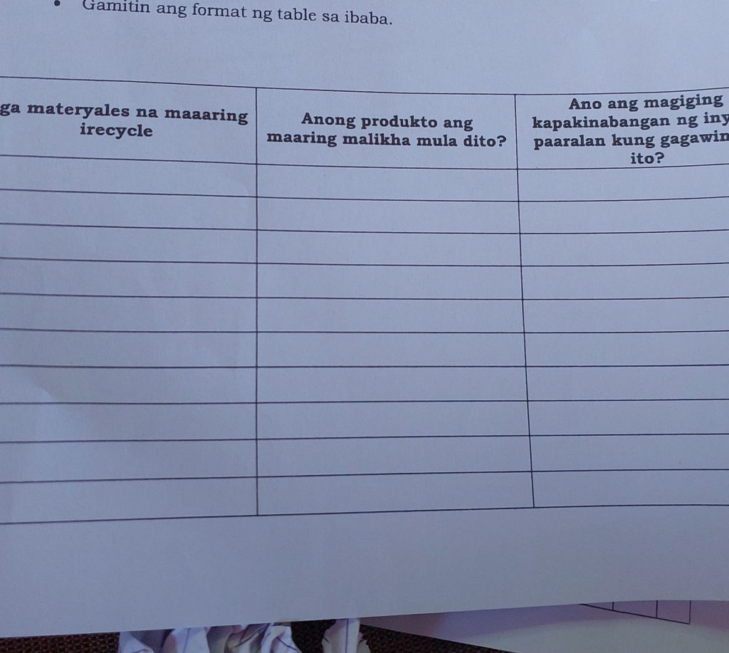 Gamitin ang format ng table sa ibaba. | mga | StudyX