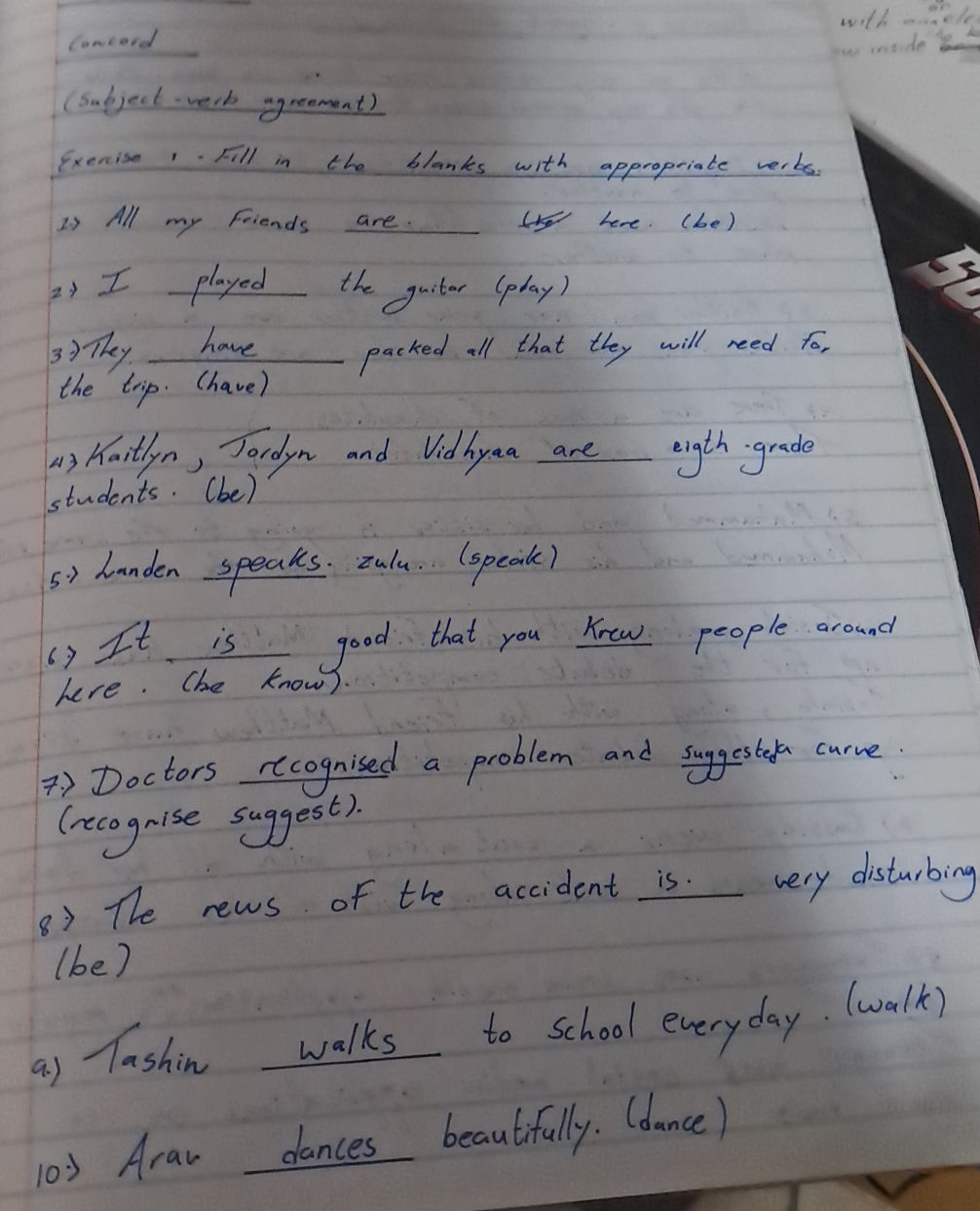 Concord (Subject-verb agreement) Exercise 1 | StudyX