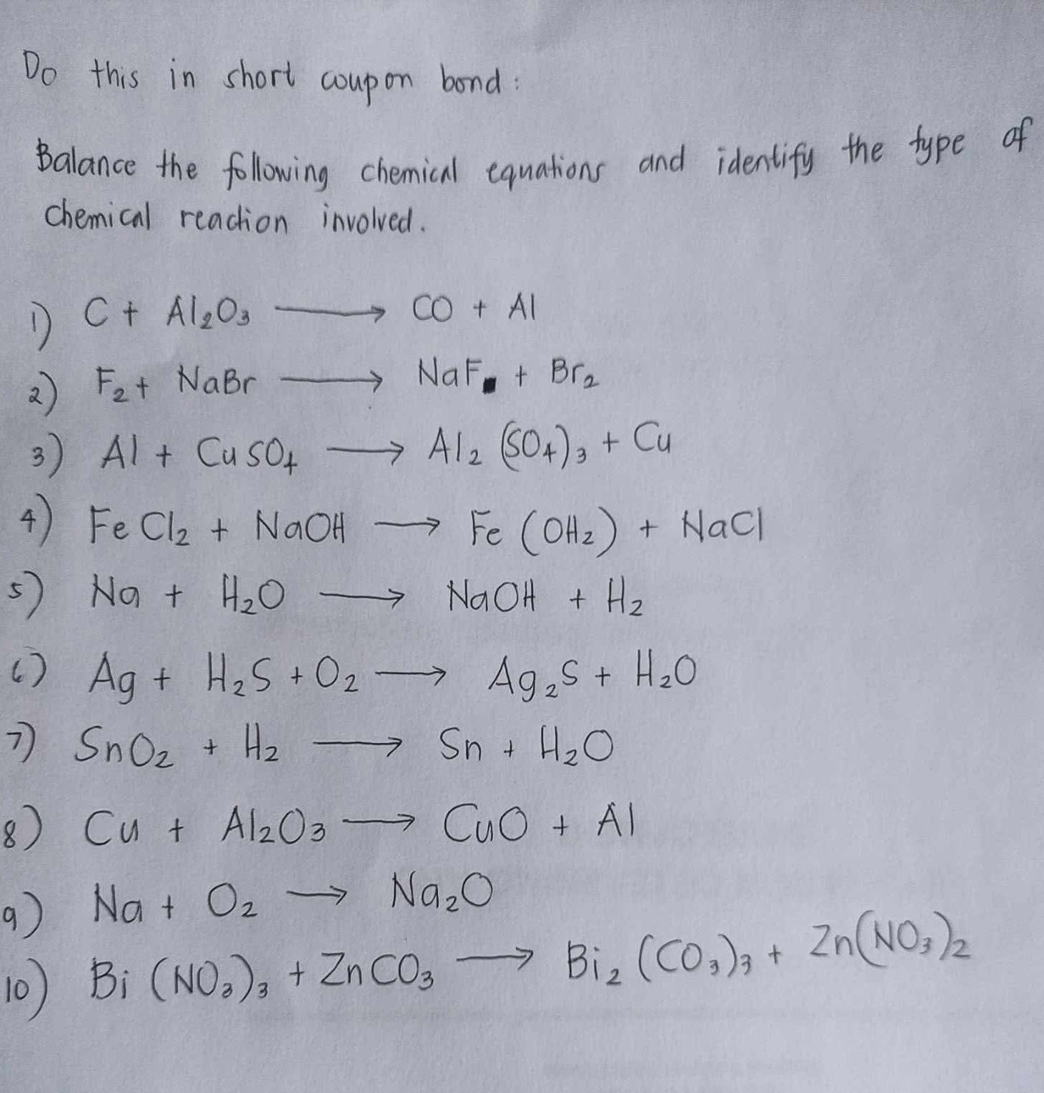 Balance the following chemical equations and | StudyX