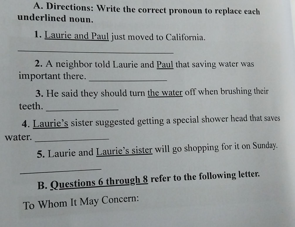 A. Directions: Write the correct pronoun to | StudyX