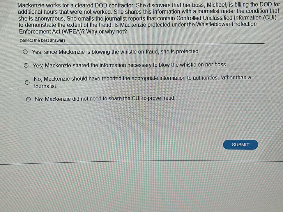 Mackenzie works for a cleared DOD | StudyX